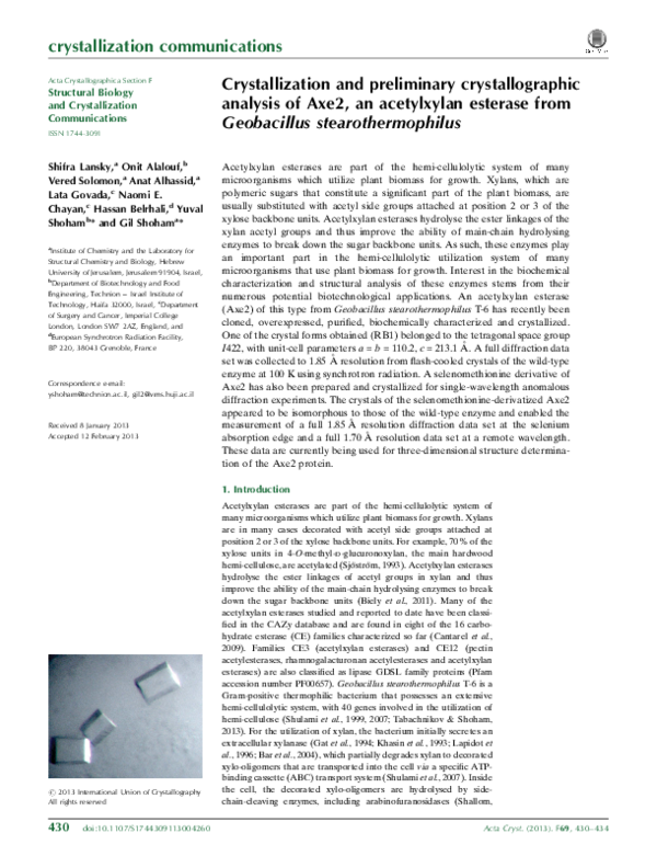 (PDF) Crystallization and preliminary crystallographic analysis of Axe2 ...