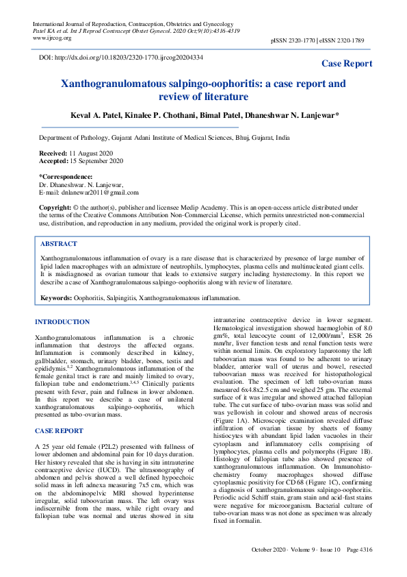 (PDF) Xanthogranulomatous salpingo-oophoritis: a case report and review ...