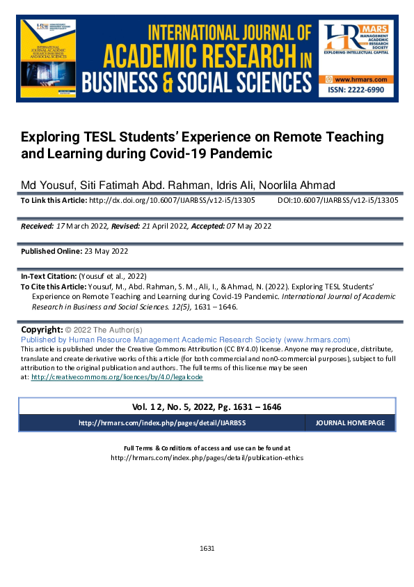 (PDF) Exploring TESL Students’ Experience on Remote Teaching and ...