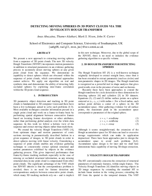 (PDF) Detecting moving spheres in 3D point clouds via the 3D velocity Hough Transform