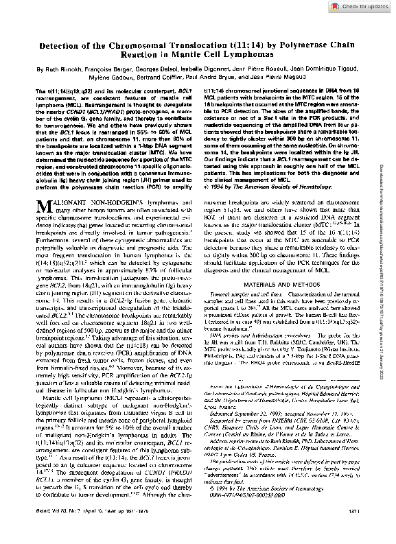 (PDF) Detection of the chromosomal translocation t(11;14) by polymerase ...