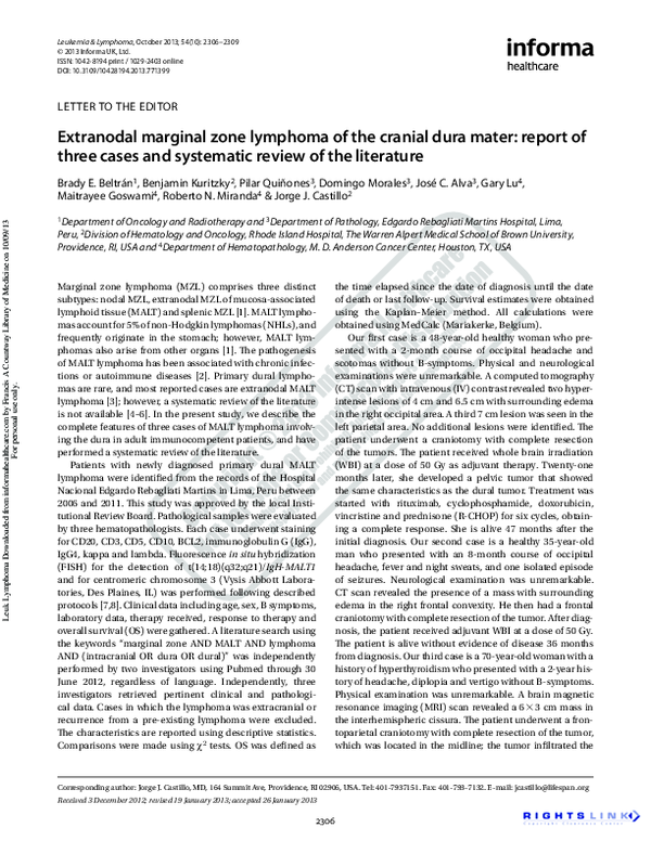 (PDF) Extranodal marginal zone lymphoma of the cranial dura mater ...