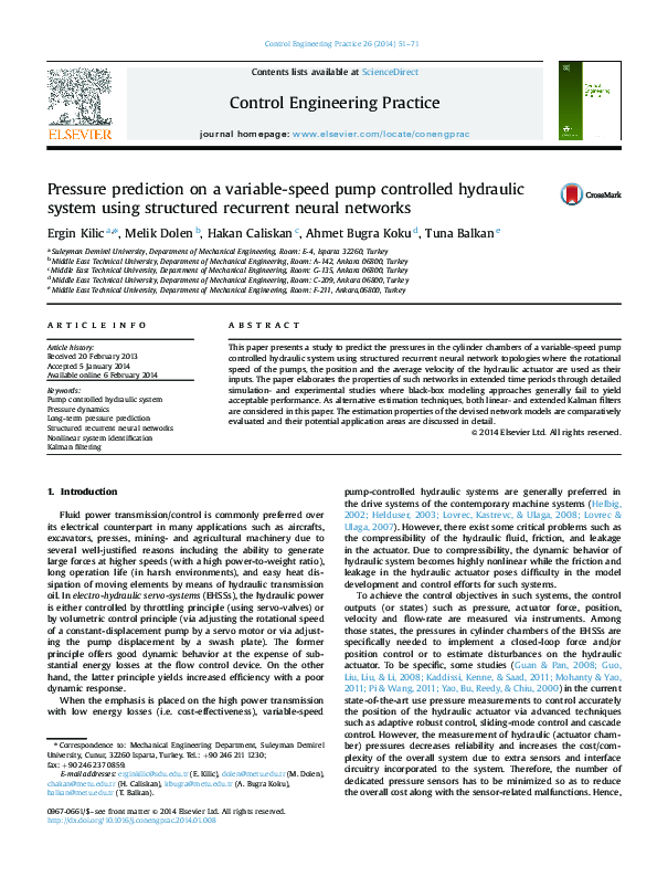 Pdf Pressure Prediction On A Variable Speed Pump Controlled Hydraulic System Using Structured 1541