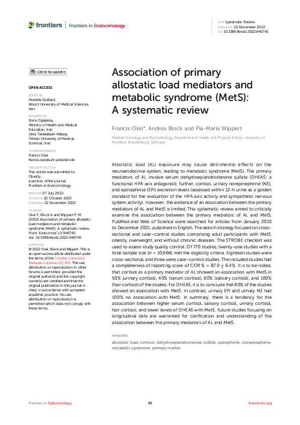 (PDF) Association of primary allostatic load mediators and metabolic ...