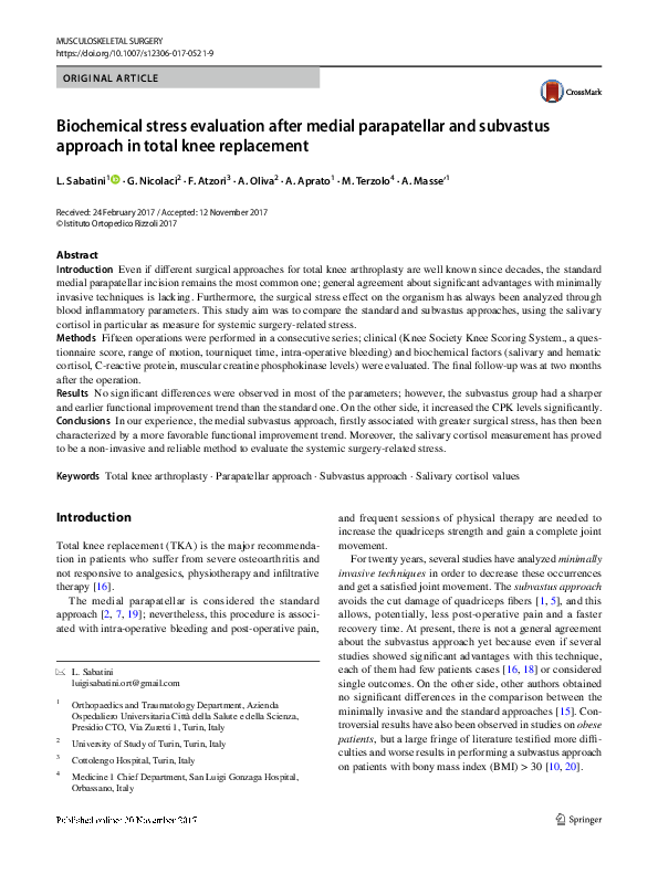 (PDF) Biochemical stress evaluation after medial parapatellar and ...