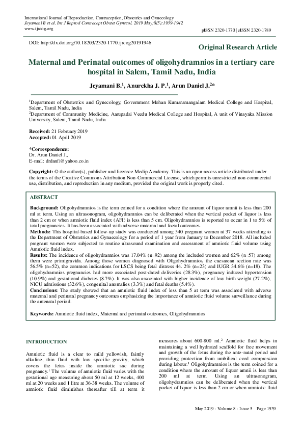 (PDF) Maternal and Perinatal outcomes of oligohydramnios in a tertiary ...