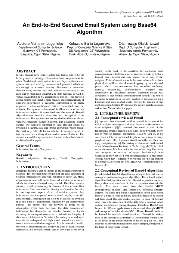 Pdf An End To End Secured Email System Using Base64 Algorithm Abolore Logunleko