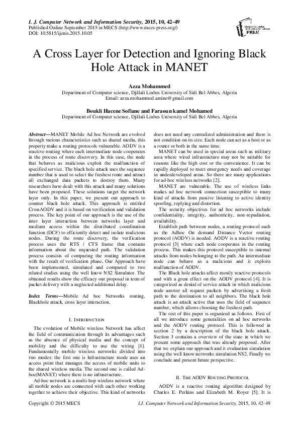 (PDF) A Cross Layer for Detection and Ignoring Black Hole Attack in MANET