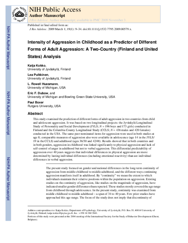 (PDF) Intensity of Aggression in Childhood as a Predictor of Different ...