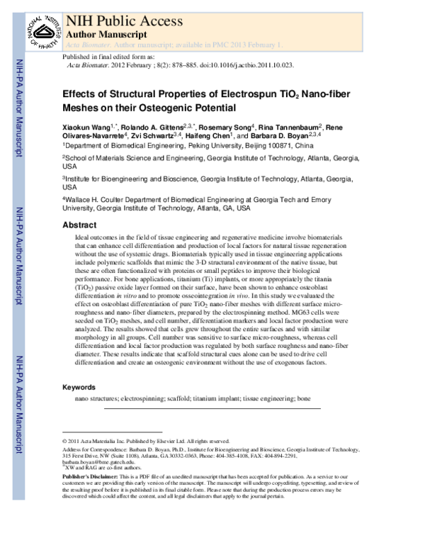 (PDF) Effects of structural properties of electrospun TiO2 nanofiber meshes on their osteogenic ...