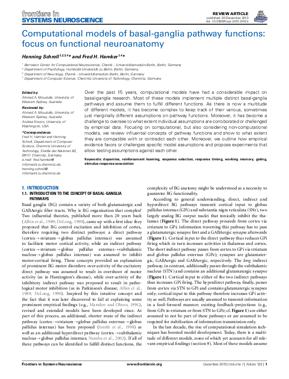 Pdf Computational Models Of Basal Ganglia Pathway Functions Focus On Functional Neuroanatomy