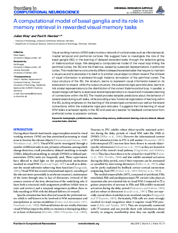 (PDF) A computational model of basal ganglia and its role in memory retrieval in rewarded visual ...