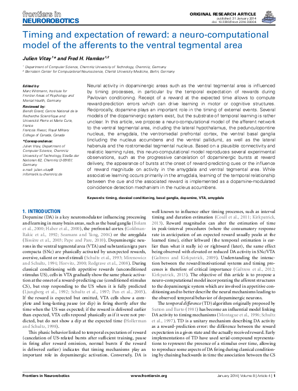 (PDF) Timing and expectation of reward: a neuro-computational model of the afferents to the ...