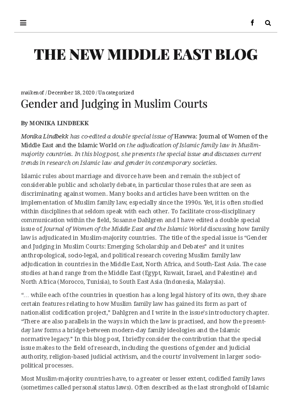 (PDF) Gender and Judging in Muslim Courts – The New Middle East Blog ...