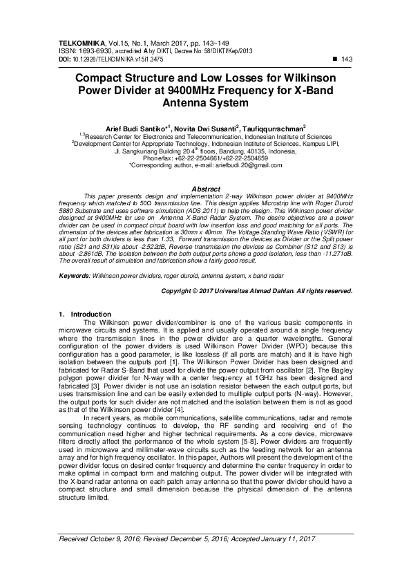Pdf Compact Structure And Low Losses For Wilkinson Power Divider At 9400mhz Frequency For X