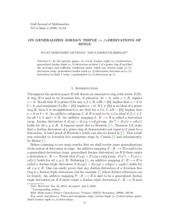 (PDF) On generalized Jordan triple (alpha, beta)-derivations of rings