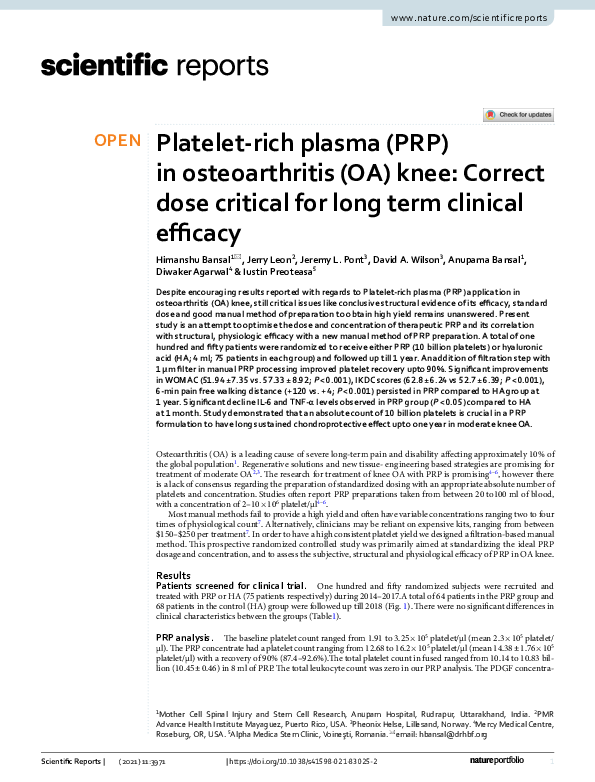 (PDF) Platelet-rich plasma (PRP) in osteoarthritis (OA) knee: Correct ...