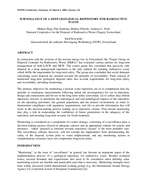 (PDF) Surveillance of a Deep Geological Repository for Radioactive Waste