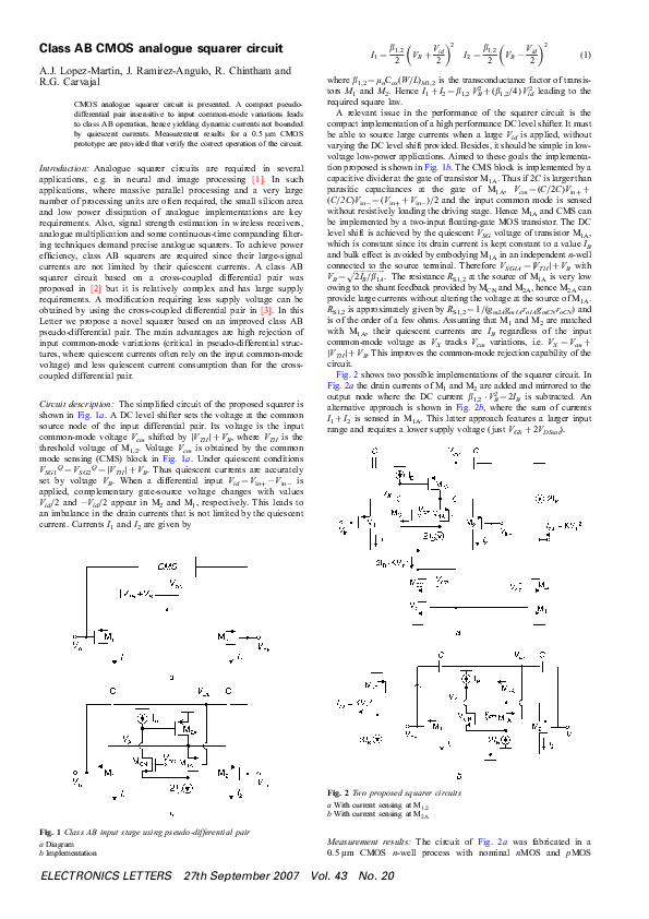 (PDF) Class AB CMOS analogue squarer circuit