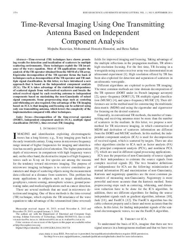 Time Reversal Imaging Using One Transmitting Antenna Based On Independent Component Analysis