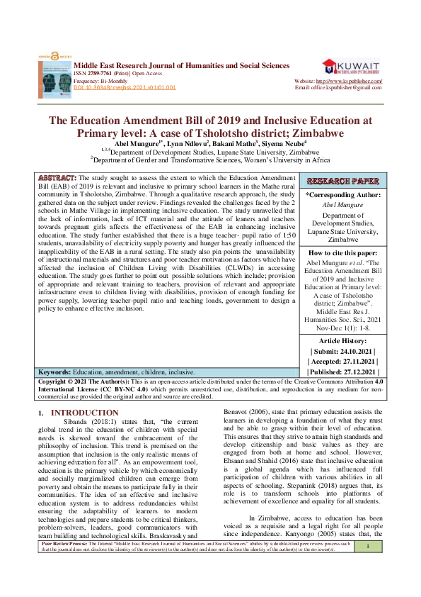 (PDF) The Education Amendment Bill of 2019 and Inclusive Education at ...