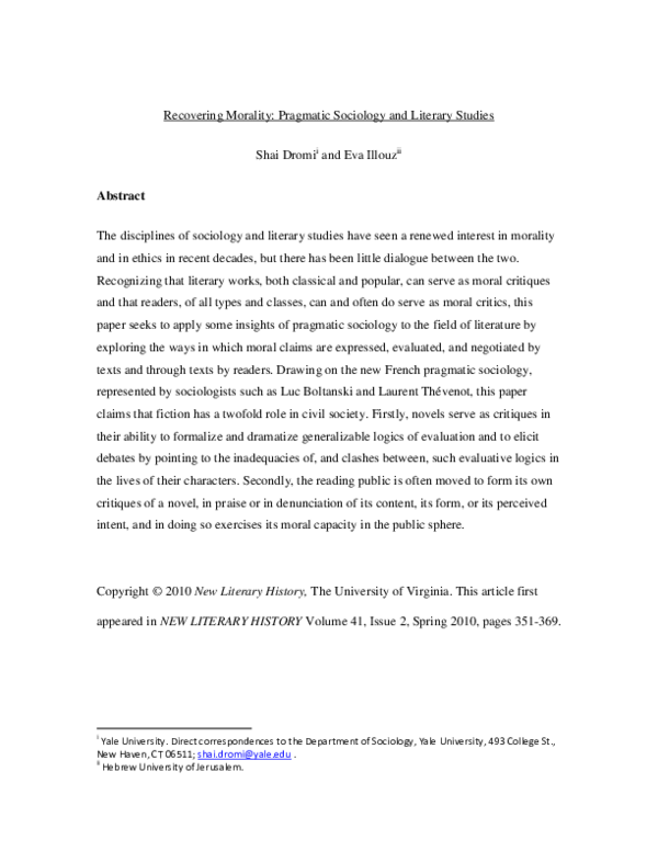 (PDF) Recovering Morality: Pragmatic Sociology and Literary Studies