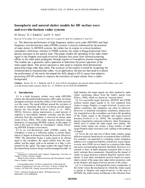 Pdf Ionospheric And Auroral Clutter Models For Hf Surface Wave And Over The Horizon Radar Systems