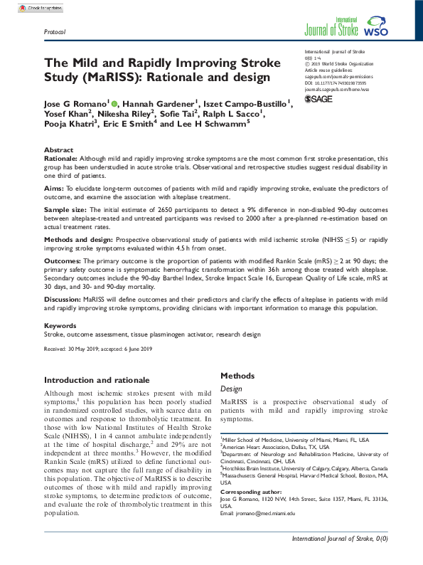 (PDF) The Mild and Rapidly Improving Stroke Study (MaRISS): Rationale ...