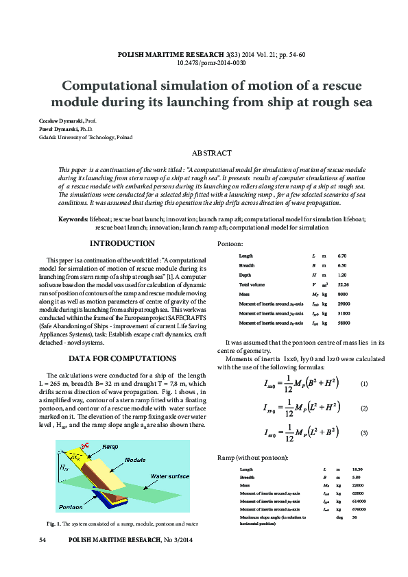 Pdf Computational Simulation Of Motion Of A Rescue Module During Its