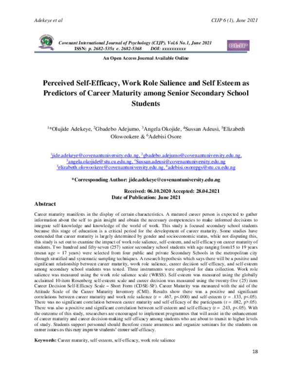 (PDF) Perceived Self-Efficacy, Work Role Salience and Self Esteem as Predictors of Career ...