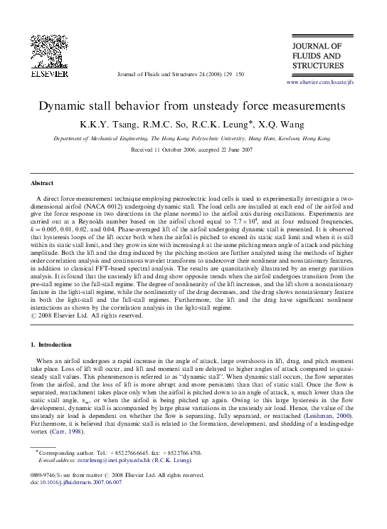 (PDF) Dynamic stall behavior from unsteady force measurements | M. C. So - Academia.edu