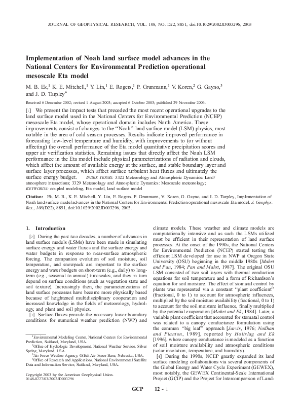 (PDF) Implementation of Noah land surface model advances in the ...