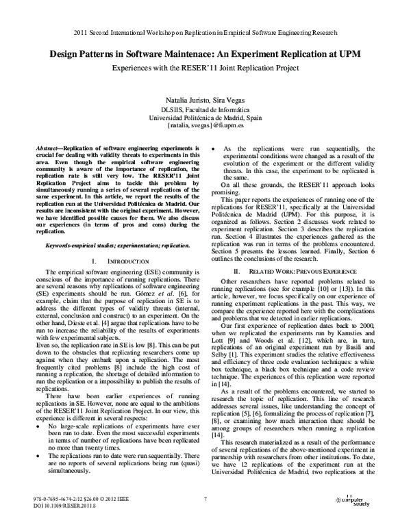 Pdf Design Patterns In Software Maintenance An Experiment Replication At Upm Experiences
