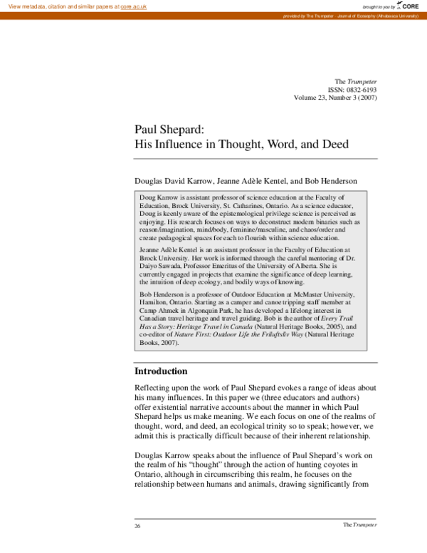 (PDF) Paul Shepard: His influence in thought, word, and deed