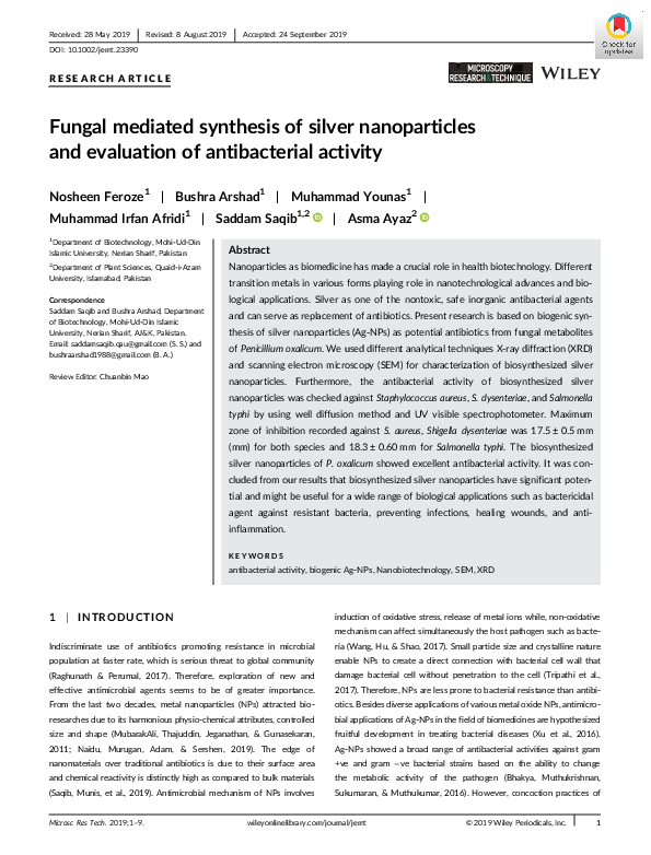 (PDF) Fungal mediated synthesis of silver nanoparticles and evaluation of antibacterial activity