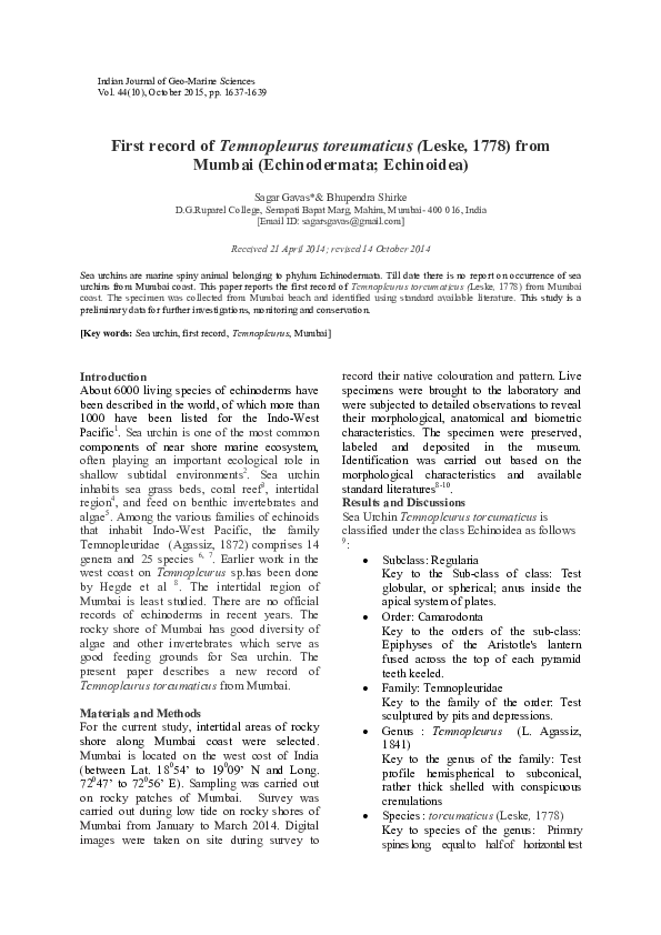 (PDF) Fir st record of Temnopleurus toreumaticus (Leske, 1778) from ...