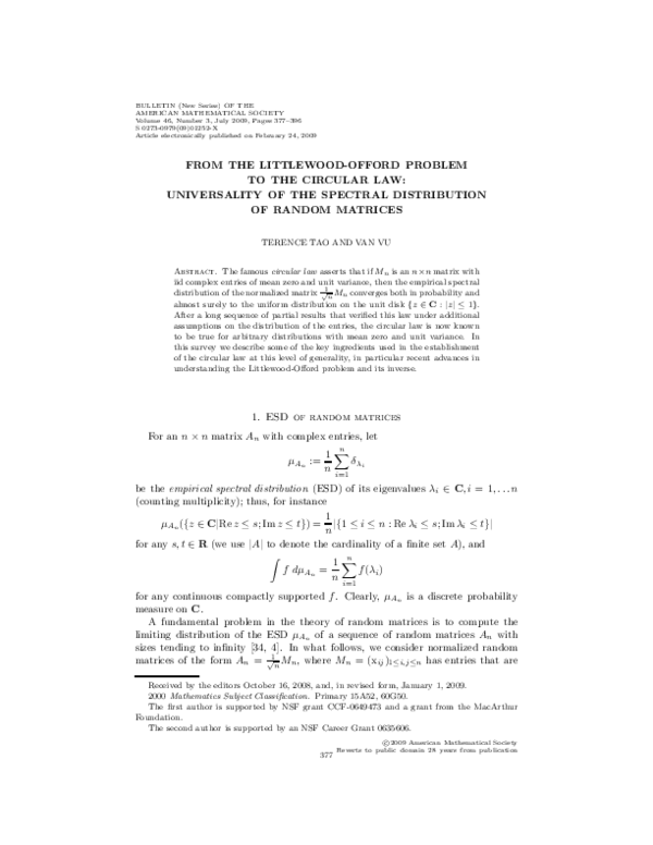 (PDF) From the Littlewood-Offord problem to the Circular Law: Universality of the spectral ...