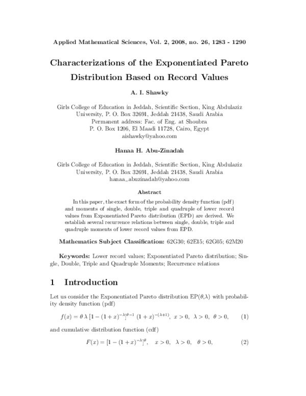 Pdf Characterizations Of The Exponentiated Pareto Distribution Based On Record Values