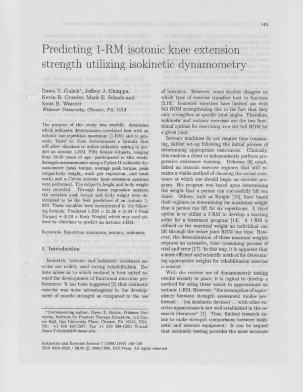 Pdf Predicting 1 Rm Isotonic Knee Extension Strength Utilizing Isokinetic Dynamometry