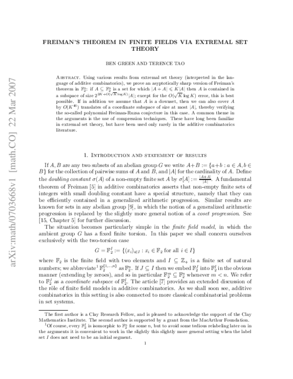 (PDF) Freiman's Theorem in Finite Fields via Extremal Set Theory | Oguzhan Ozen - Academia.edu