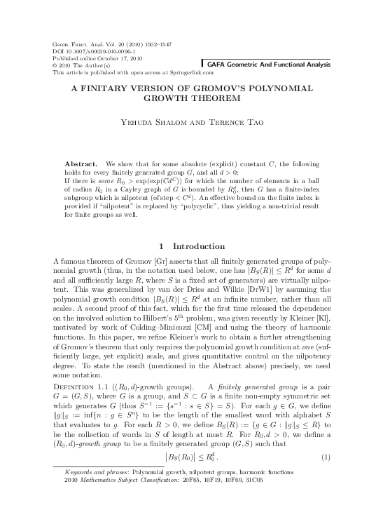 (PDF) A Finitary Version of Gromov’s Polynomial Growth Theorem