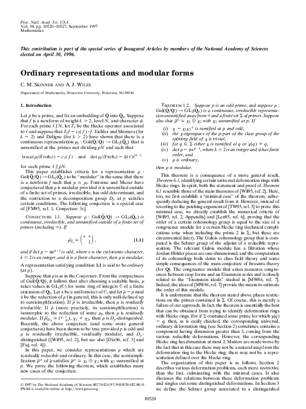 (PDF) Ordinary representations and modular forms