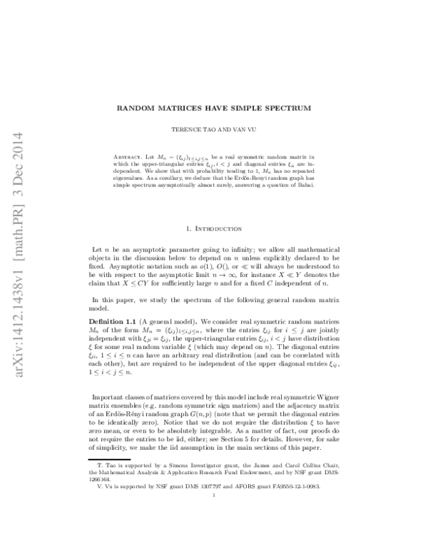 Pdf Random Matrices Have Simple Spectrum