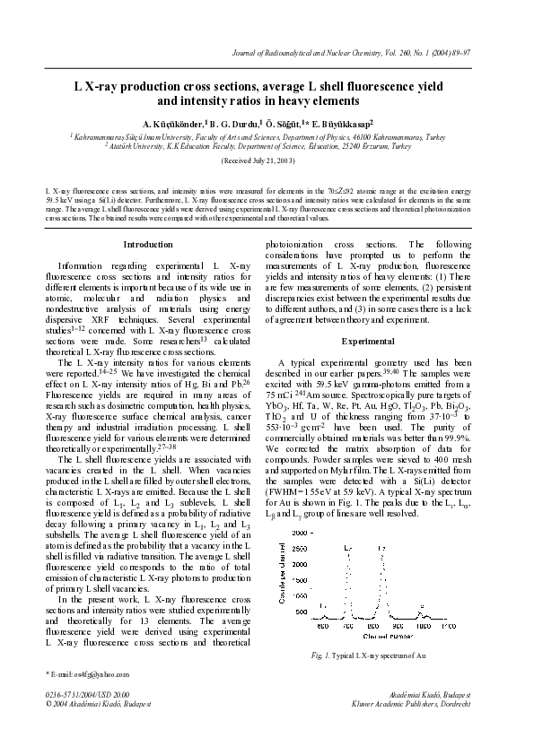(PDF) L X-ray production cross sections, average L shell fluorescence yield and intensity ratios ...