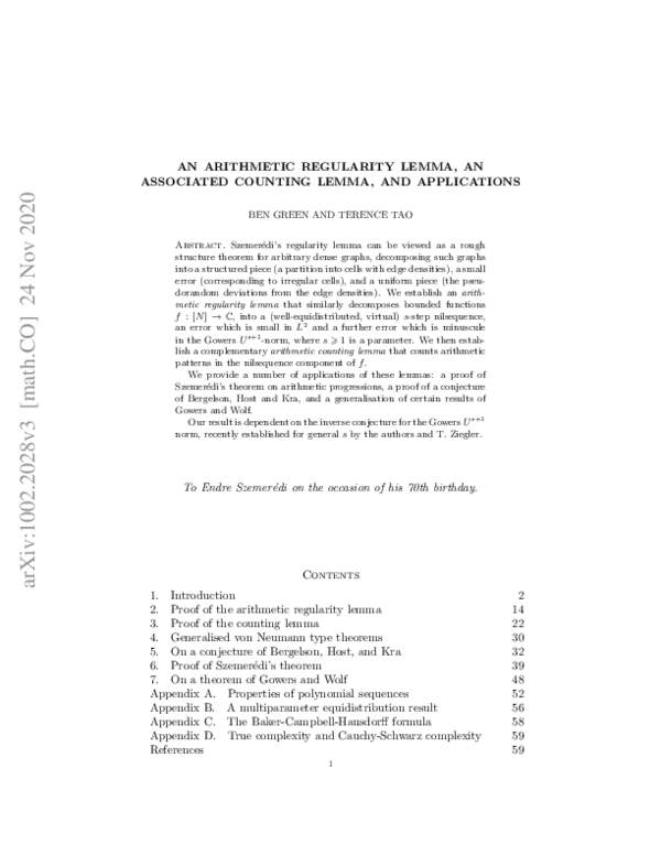 (PDF) On arithmetic regularity lemmas