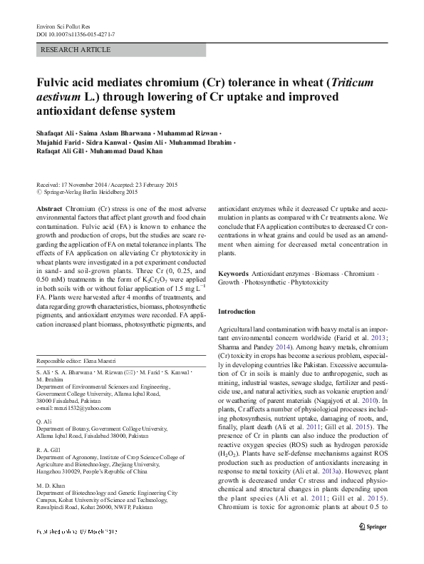 (PDF) Fulvic acid mediates chromium (Cr) tolerance in wheat (Triticum ...