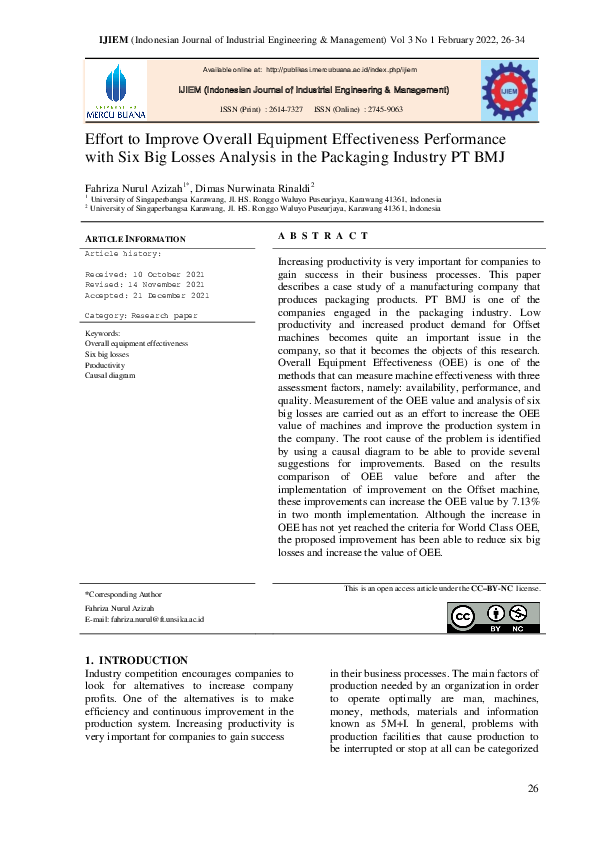 (PDF) Effort to Improve Overall Equipment Effectiveness Performance with Six Big Losses Analysis ...