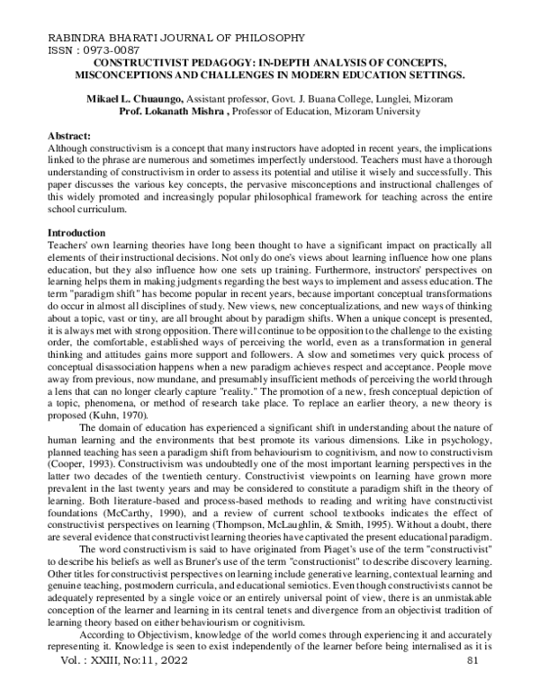 (PDF) Constructivist Pedagogy: In-Depth Analysis of Concepts, Misconceptions and Challenges in ...