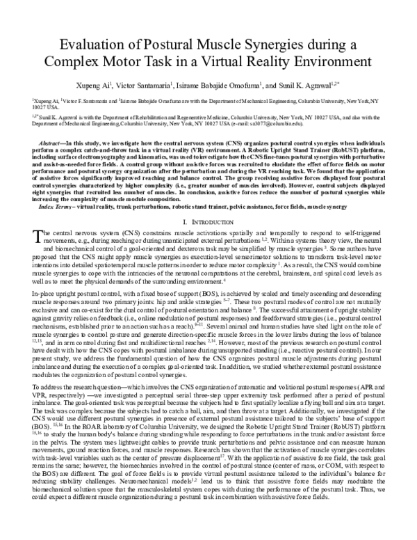Pdf Evaluation Of Postural Muscle Synergies During A Complex Motor Task In A Virtual Reality