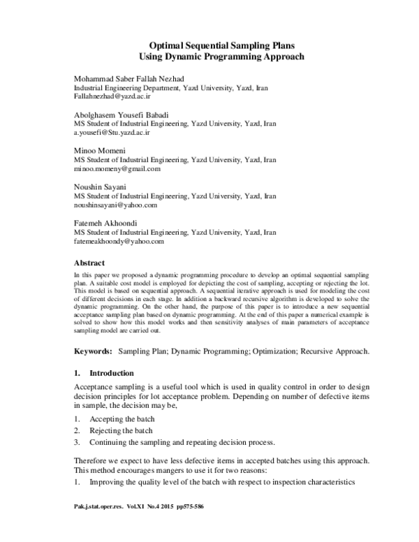 (PDF) Optimal Sequential Sampling Plans Using Dynamic Programming Approach (PDF) Optimal Sequential Sampling Plans Using Dynamic Programming Approach